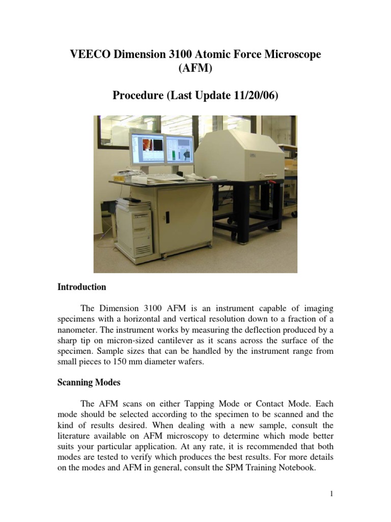 VEECO Dimension 3100 Atomic Force Microscope (AFM) Procedure (Last Update 11/20/06) | PDF ...