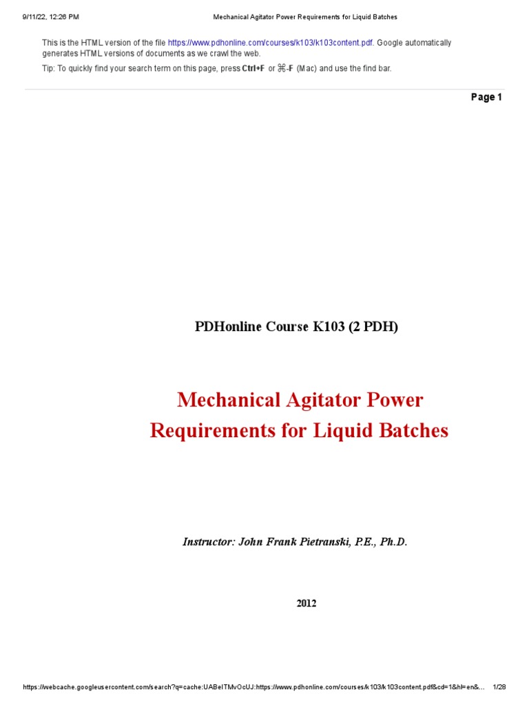 Mechanical Agitator Power Calculations | PDF | Technology & Engineering