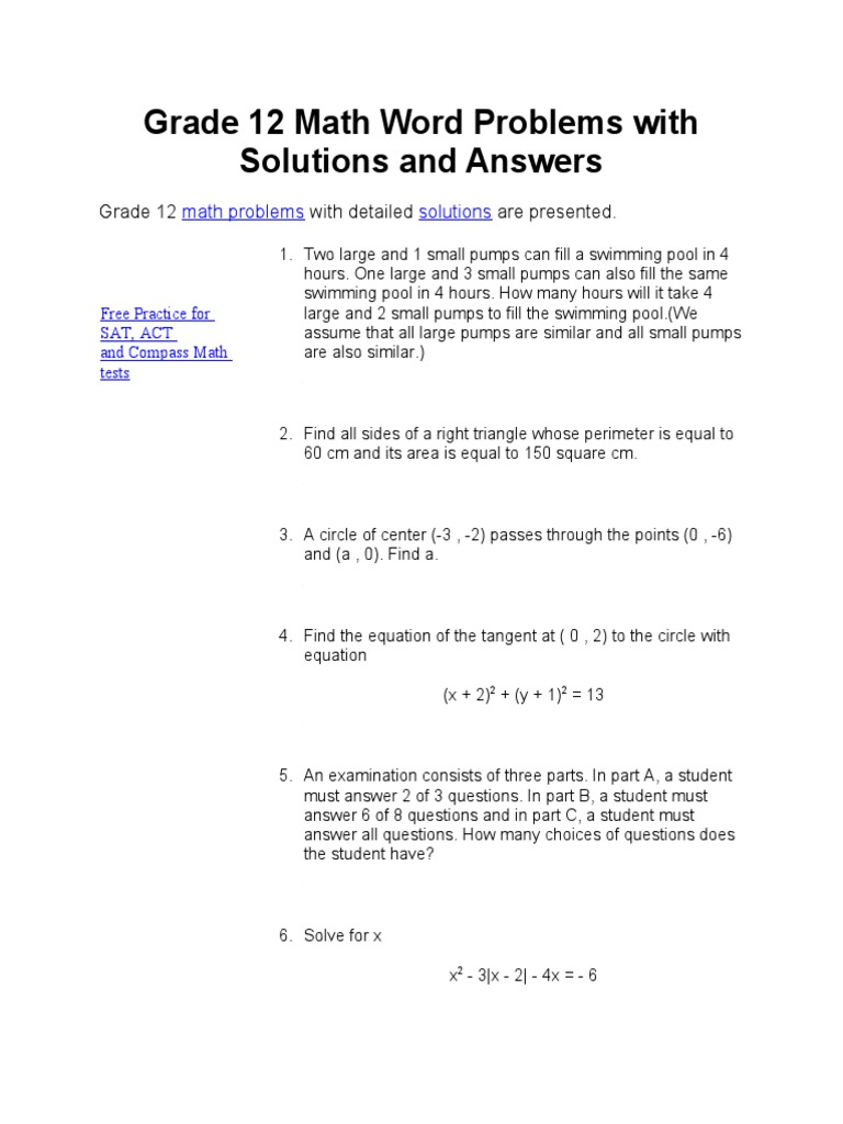 Grade 12 Math Word Problems With Solutions and Answers | PDF