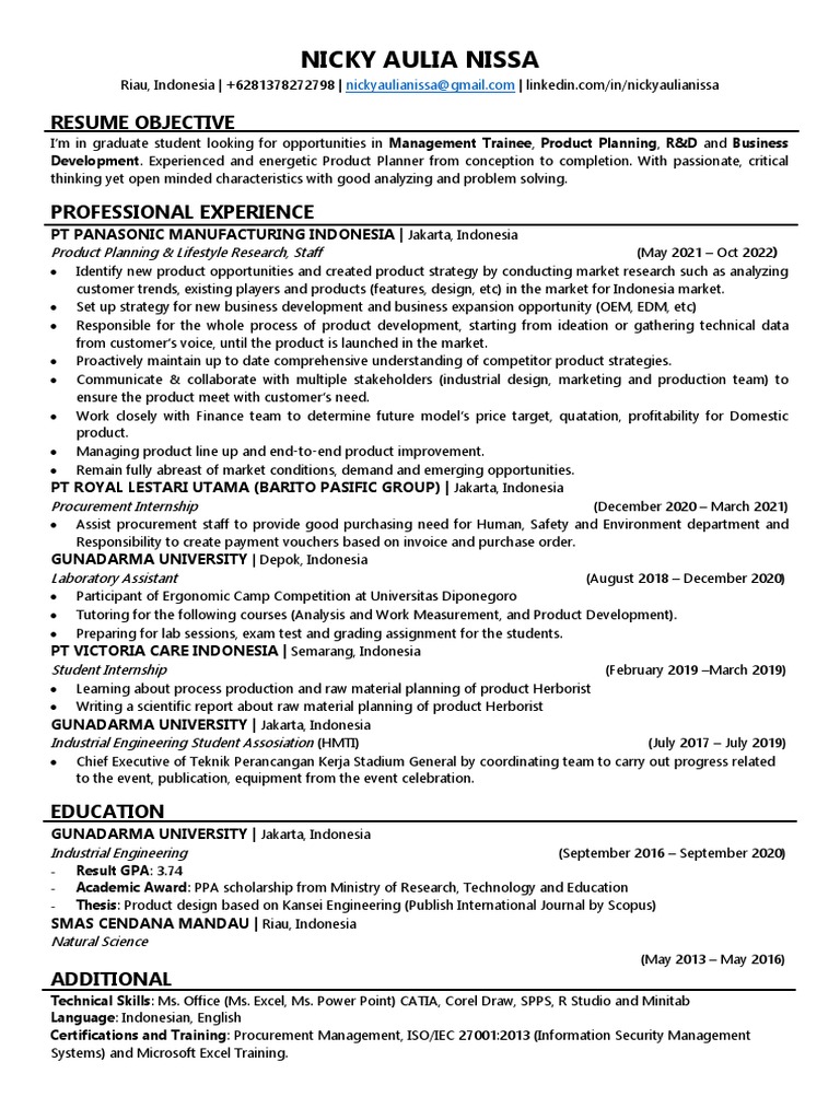 Nicky Aulia Nissa: Resume Objective | PDF | Business | Economies