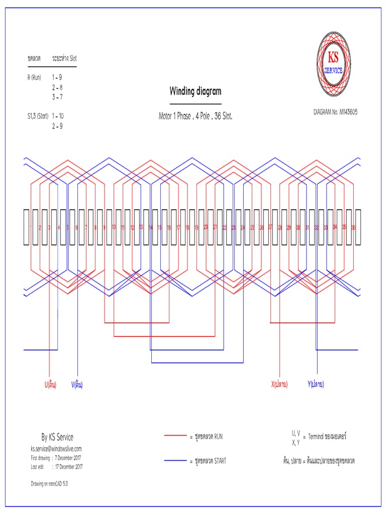 Winding Diagram: Motor 1 Phase, 4 Pole, 36 Slot | PDF