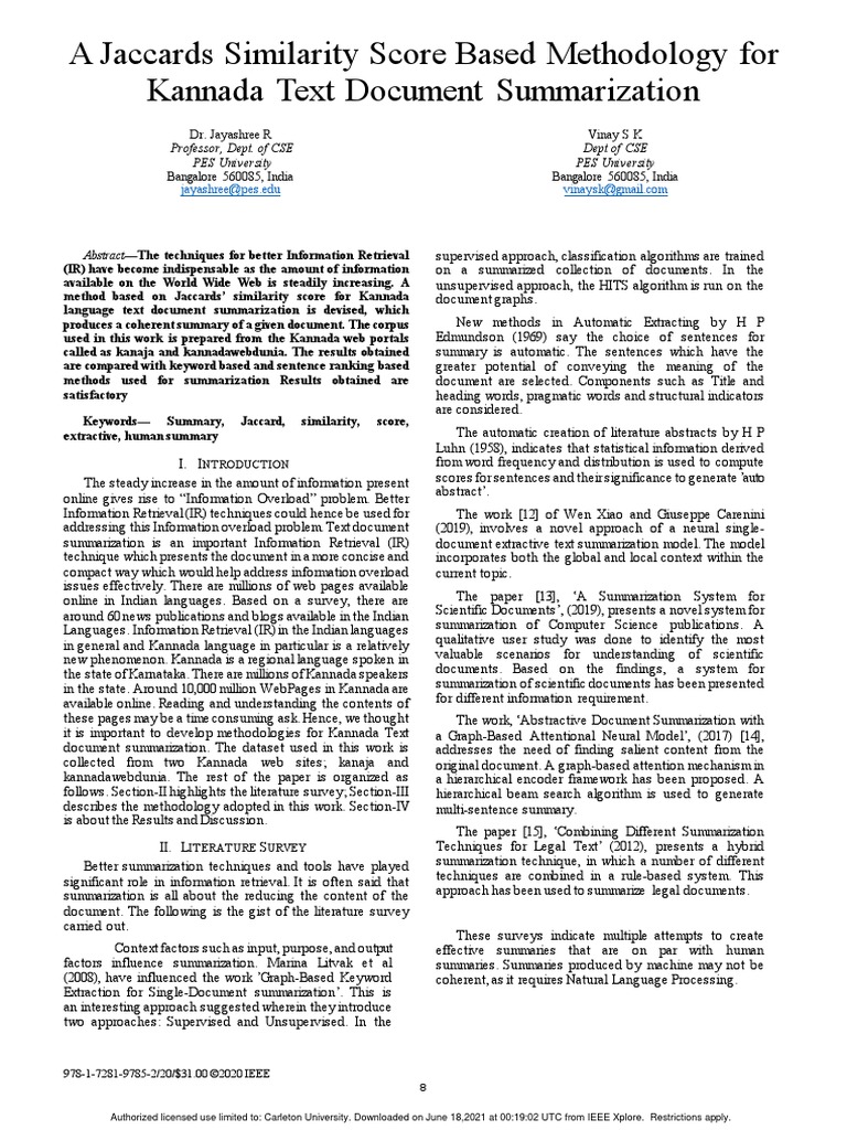 A Jaccards Similarity Score Based Methodology For Kannada Text Document ... A Jaccards Similarity Score Based Methodology For Kannada Text Document ...