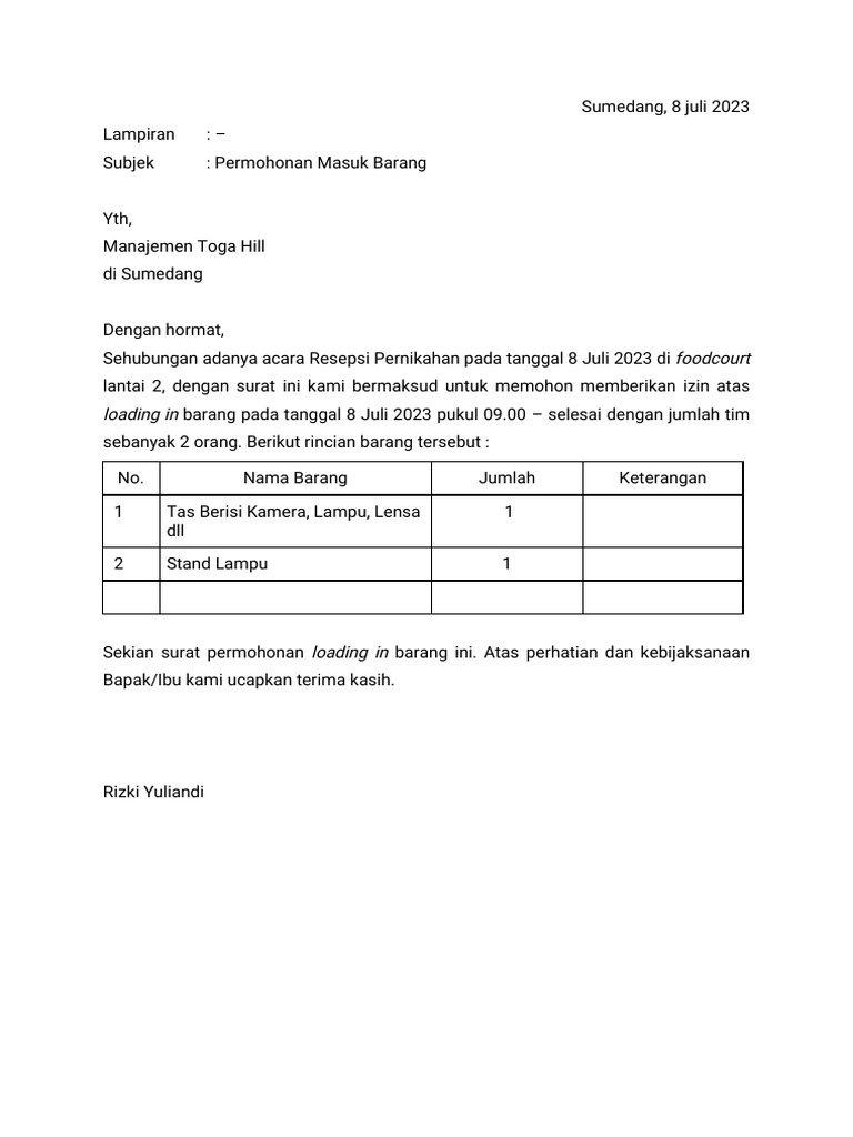 Surat Izin Loading Barang | PDF