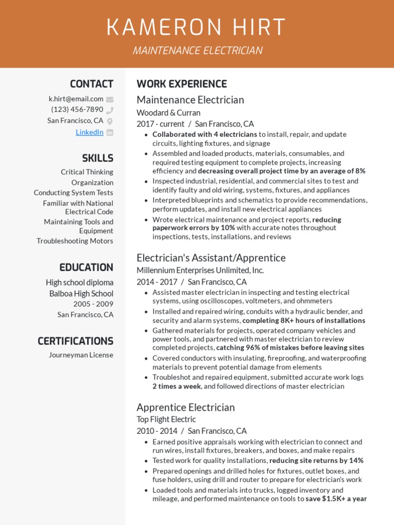 Maintenance Electrician Resume Example | PDF | Business | Technology ...