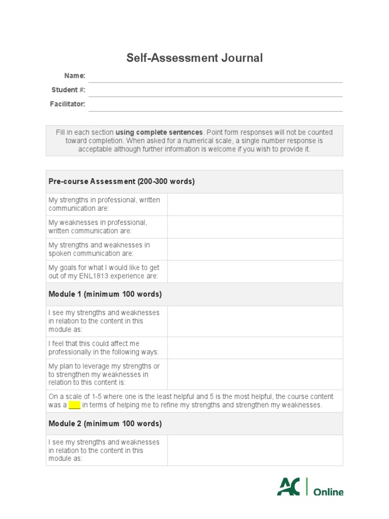 Self-Assessment Journal Template | PDF | Human Communication ...
