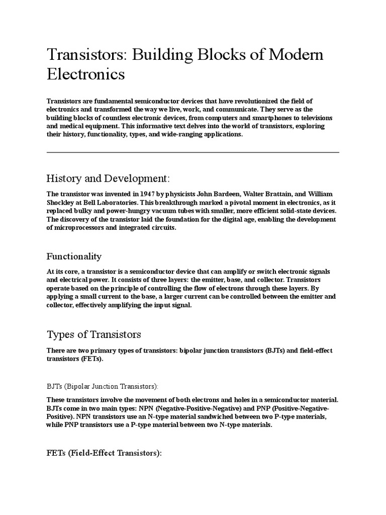 Transistors: Building Blocks of Modern Electronics | PDF | Transistor ...