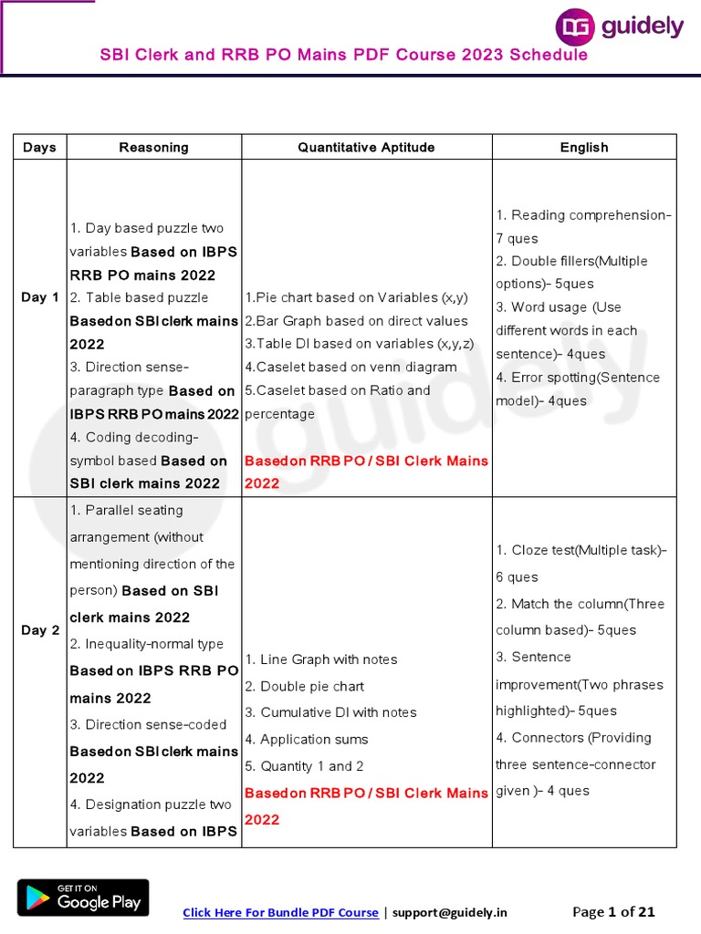 SBI Clerk and RRB PO Mains PDF Course 2023 Schedule: Days Reasoning Quantitative Aptitude ...