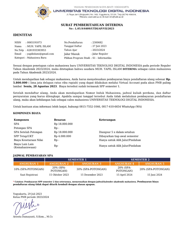 Surat Pemberitahuan Diterima Identitas | PDF