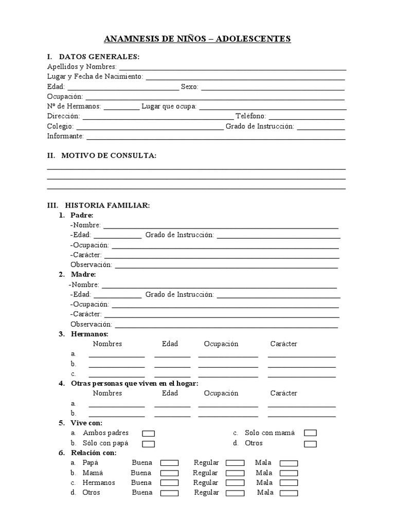 Anamnesis de Niños - Abreviado | PDF