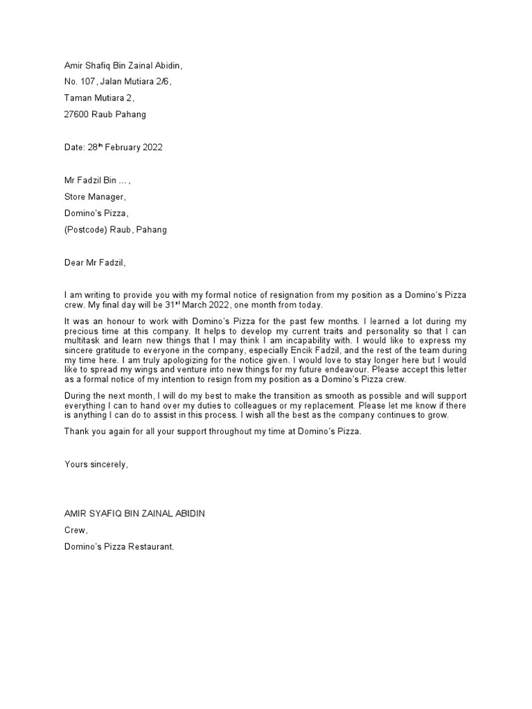 Notice of Resignation Letter | PDF