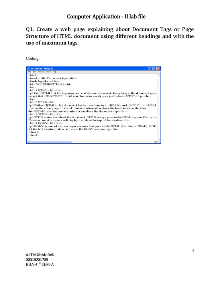 Computer Application - II Lab File Q1. Create A Web Page Explaining About Document Tags or Page ...