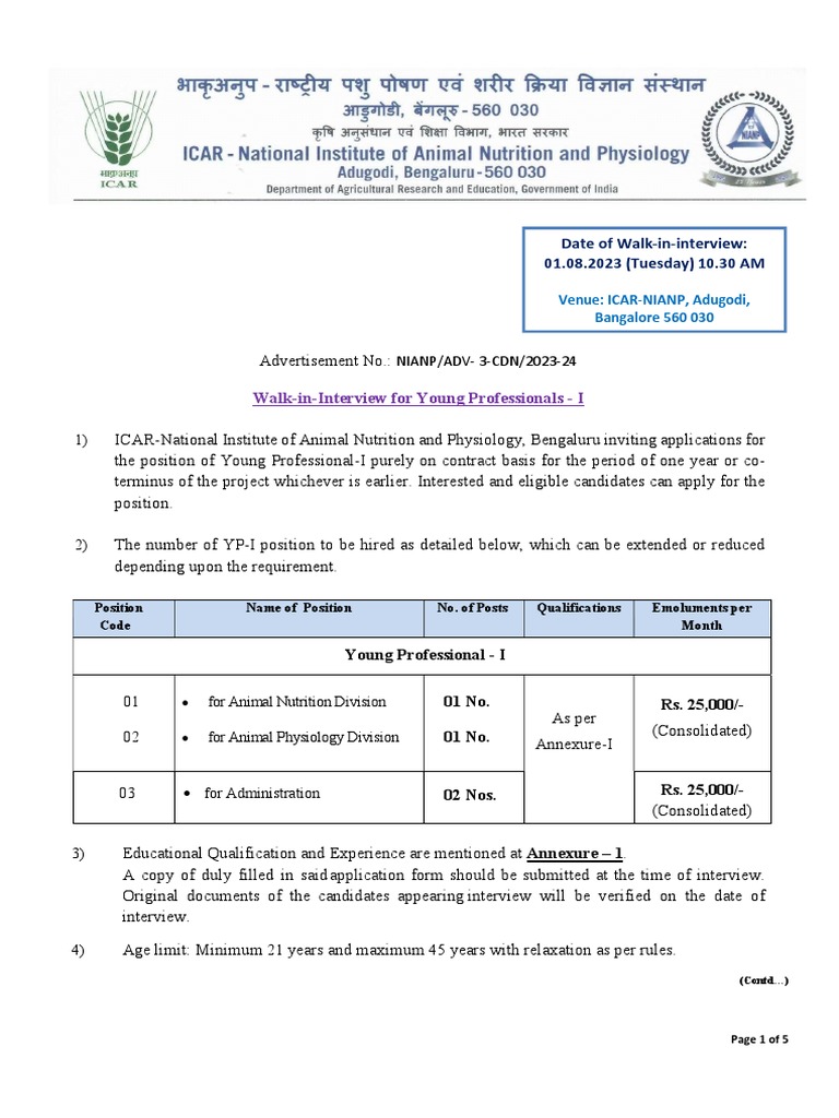 Walk-in-Interview For Young Professionals - I: NIANP/ADV-3-CDN/2023-24 ...