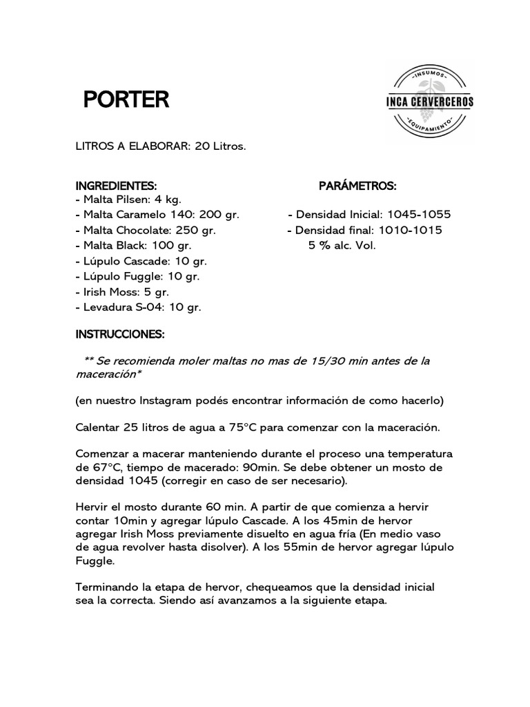Receta Porter | PDF | Cocina, comidas y vino