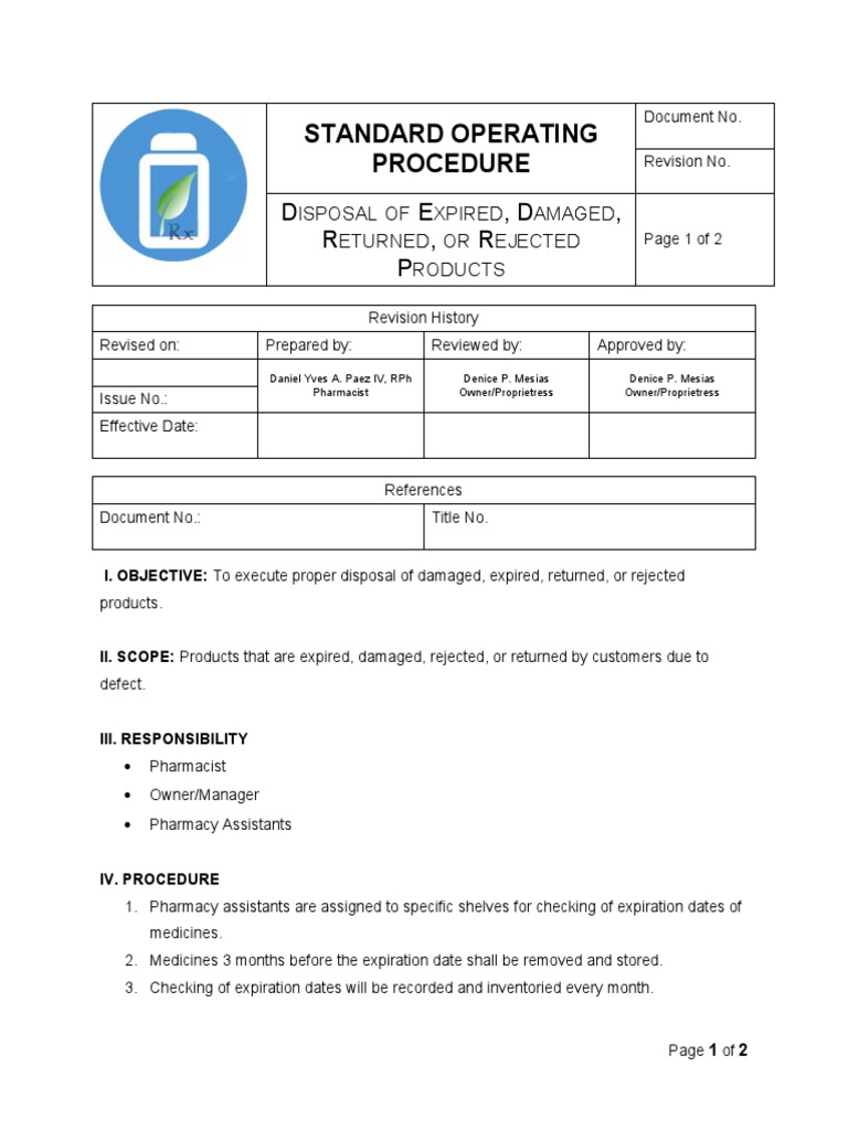 Standard Operating Procedure Disposal of Expired Damaged Returned or ...