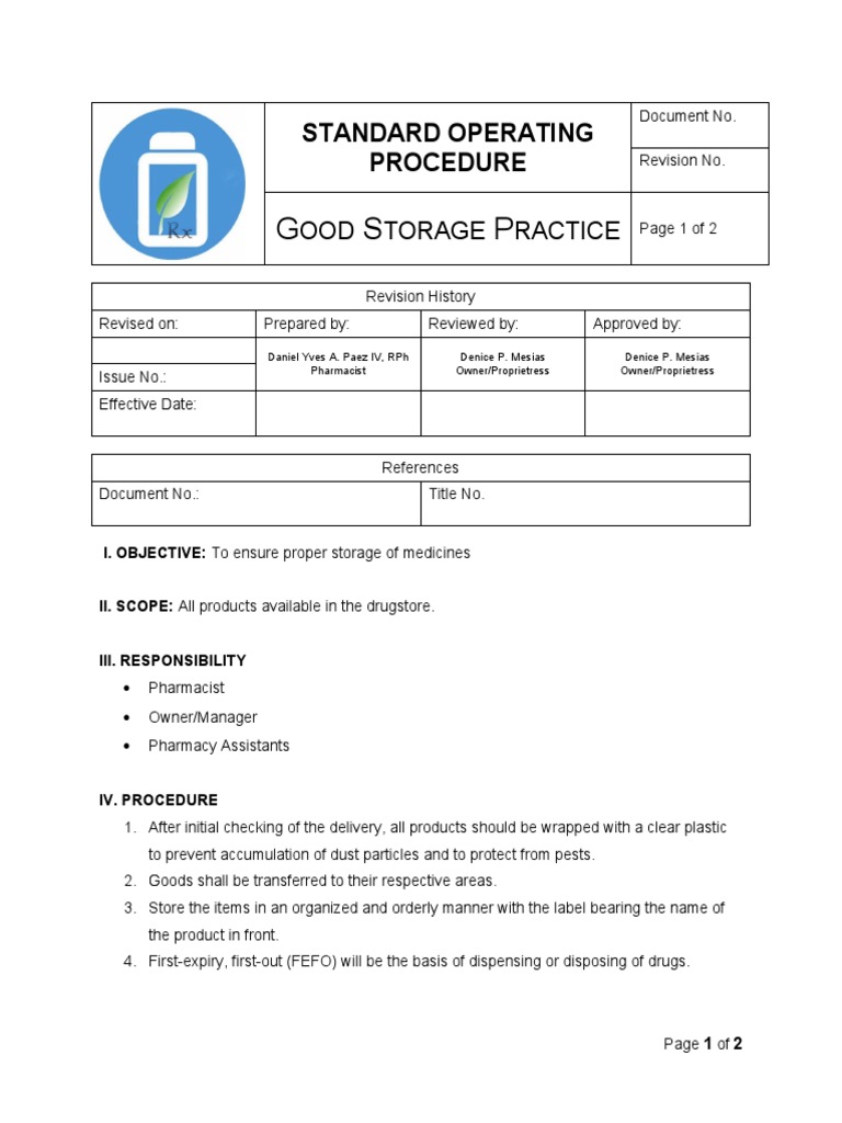 Standard Operating Procedure Good Storage Practice | PDF | Pharmacy ...