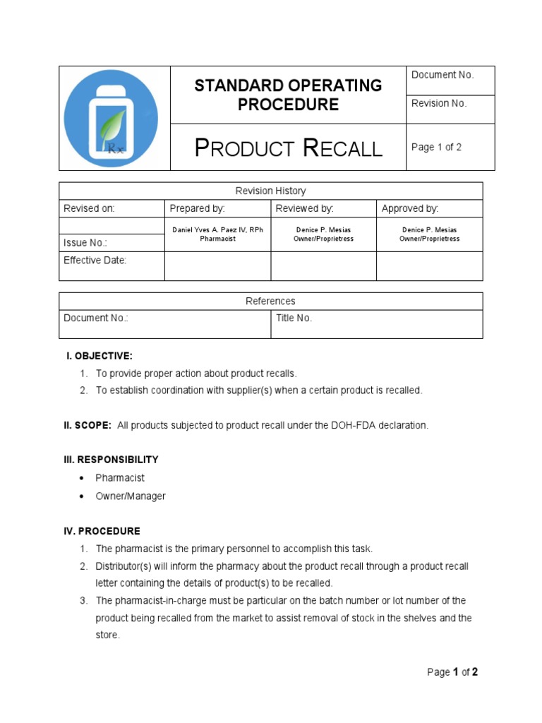 Product Recall SOP for Pharmacies | PDF