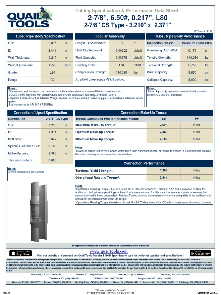 2-7/8'' CS Type - 3.210'' X 2.371'': Tubing Specification & Performance ...