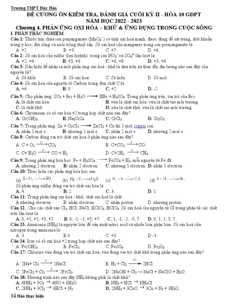 De Cuong On Kiem Tra, Danh Gia Cuoi Ky II - Hoa 10 Gdpt-Hoc Sinh | PDF