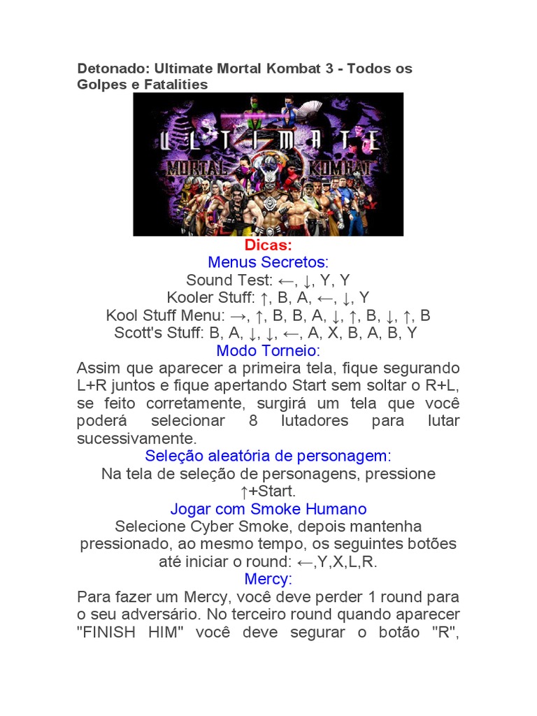 Detonado. Ultimate Mortal Kombat 3 - Todos Os Golpes e Fatalities | PDF