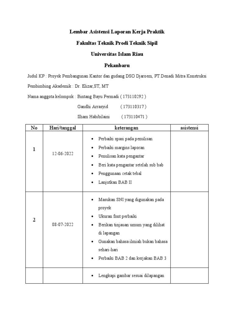 Lembar Asistensi Laporan Kerja Praktik | PDF