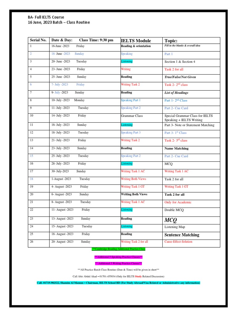 BA- 16 June, 2023 Full IELTS Course Revised Class Routine | PDF | International English Language ...