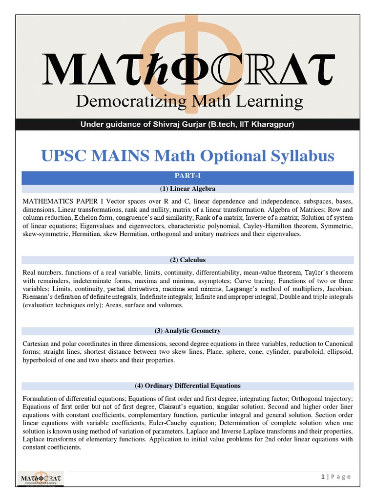 Syllabus For Maths Optional in Upsc-1 | Download Free PDF | Integral ...