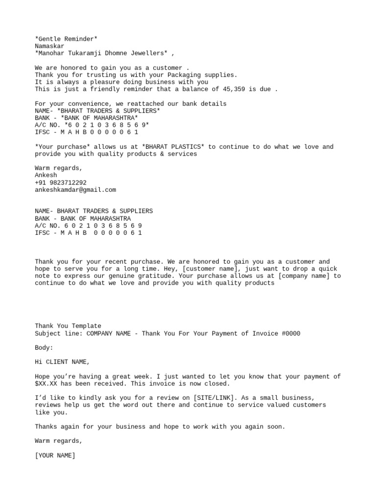 Gentle Reminder For Payment | PDF | Finance & Money Management | Law