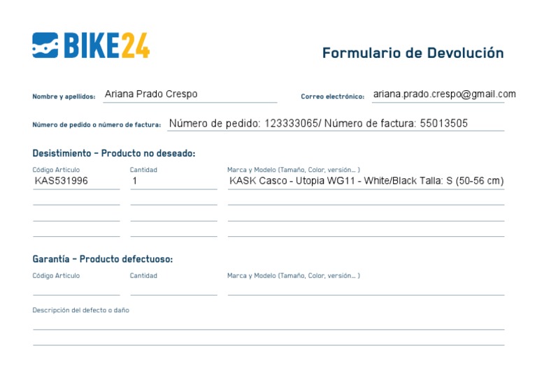 BIKE24 Formulario de Devolucion | PDF