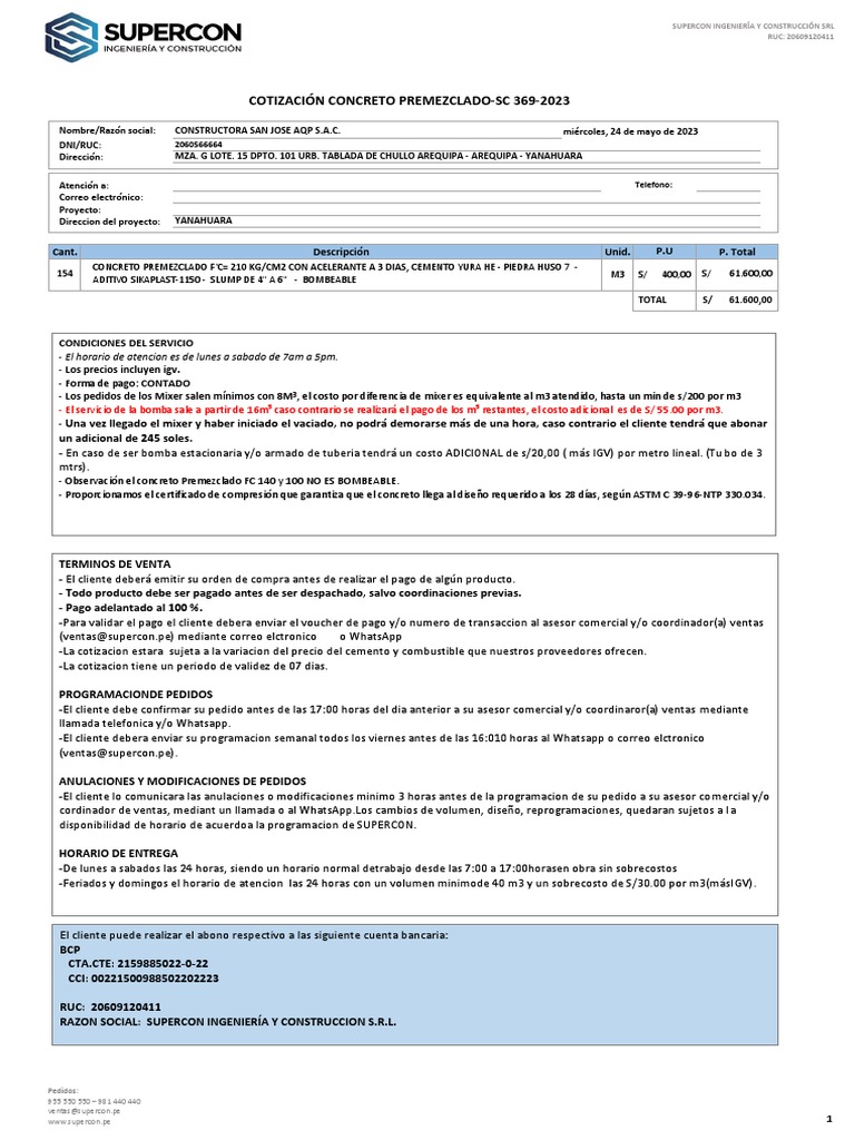 Cotizacion 369-2023 - Constructora San Jose | PDF | Hormigón | Ingeniero civil