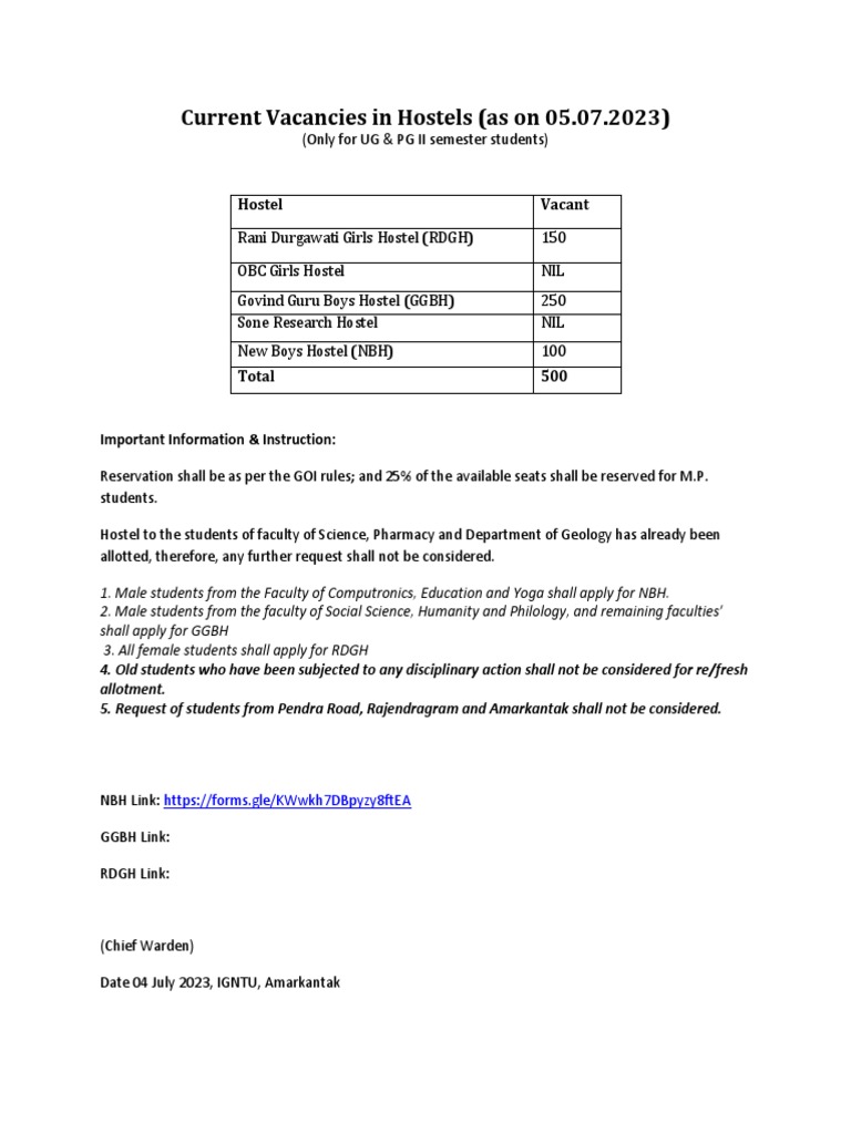 Hostel Allotment Number of Seats and Instructions | PDF