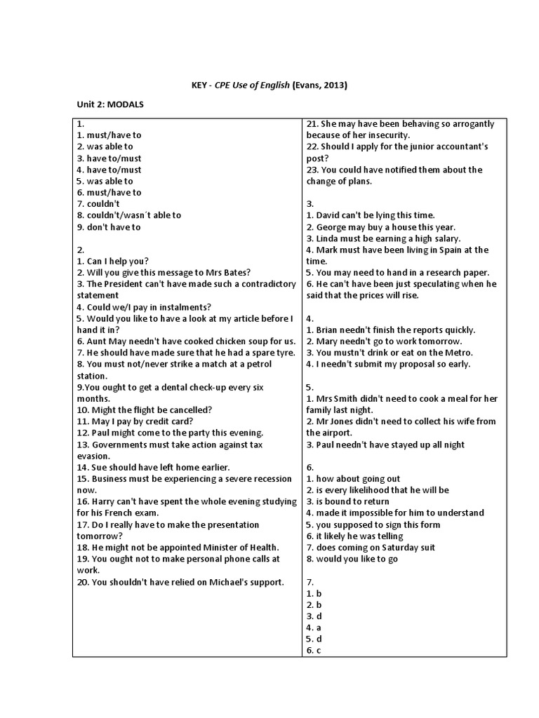 CPE Use of English KEY - Unit 2 Modals A, B, C | PDF