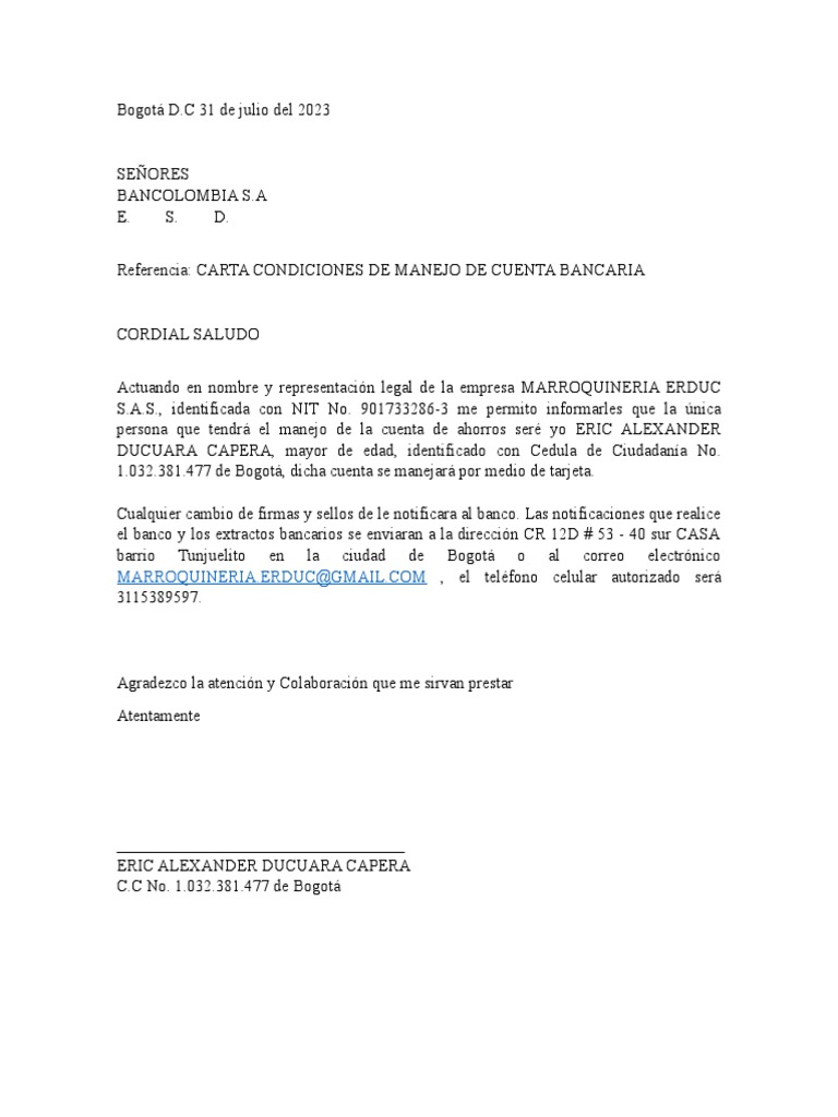 Carta Condiciones de Manejo de Cuenta Bancaria | PDF