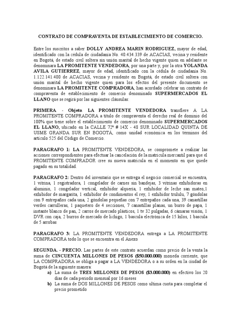 Contrato de Compraventa de Establecimiento de Comercio | PDF