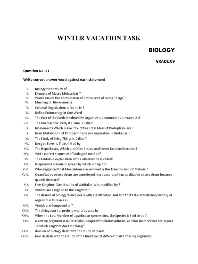 Bio Winter Vacation Task | PDF | Organisms | Biology