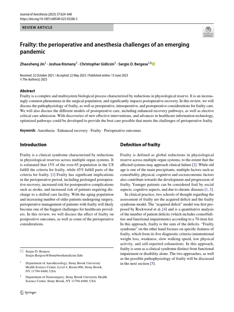 Frailty: The Perioperative and Anesthesia Challenges of An Emerging ...