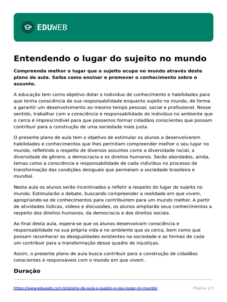 Plano de Aula o Sujeito e Seu Lugar No Mundo | PDF | Bem-estar ...
