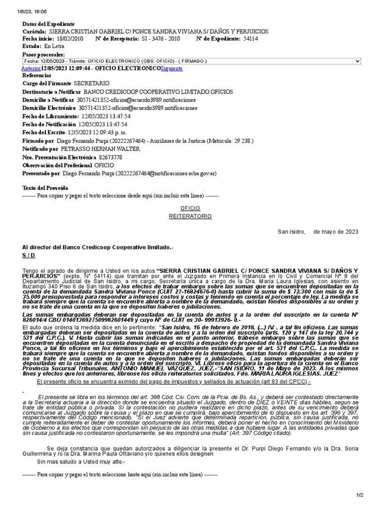 Oficio Embargo Favio | PDF