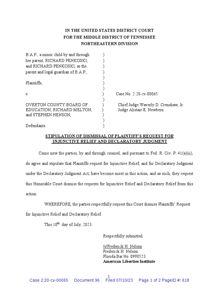 B.a.P. Stipulation of Dismissal of Plaintiffs Request | PDF ...