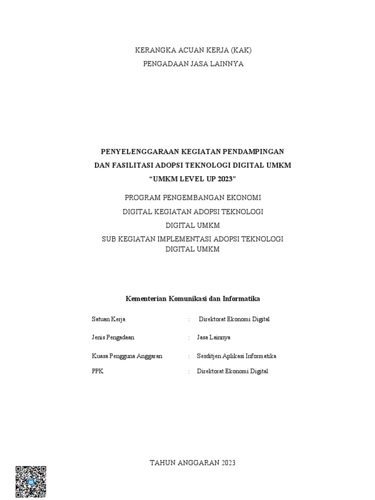 Final KAK Pendampingan Fasilitasi Adopsi Teknologi Digital UMKM 2023 v170323 PDF | PDF