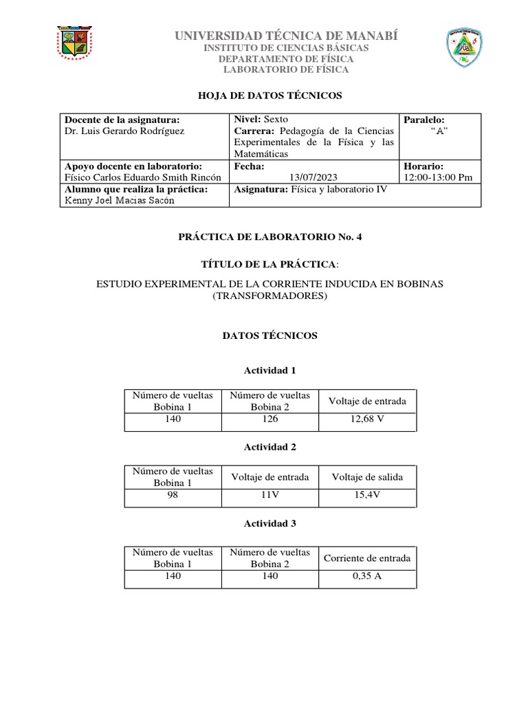 Practica 4. Bobinas. Fisica Iv | PDF | Transformador | Corriente eléctrica
