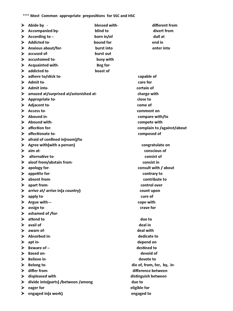 Common Prepositions for SSC and HSC | PDF