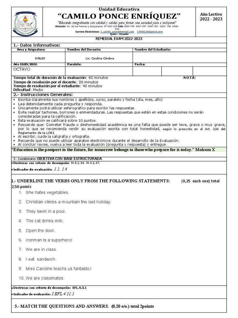 C.P. Exam 8th Remedial Exam | PDF