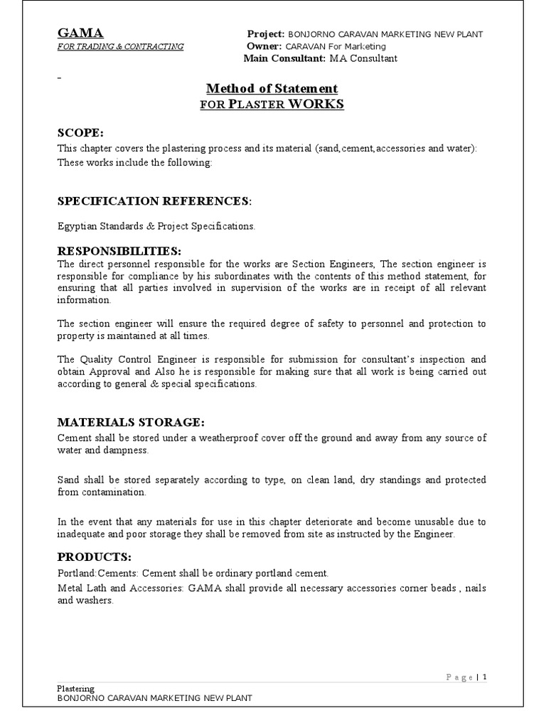 Method Statement For Plaster Works | PDF | Plaster | Building Engineering