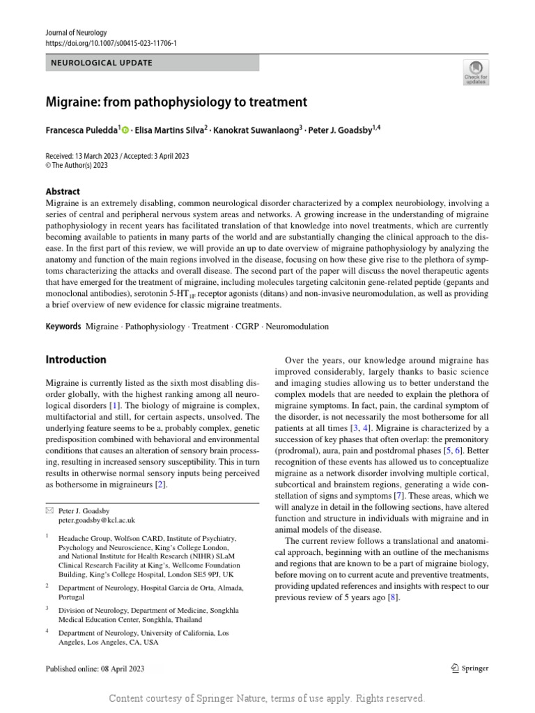 Migraine From Pathophysiology To Treatment | PDF | Science & Mathematics