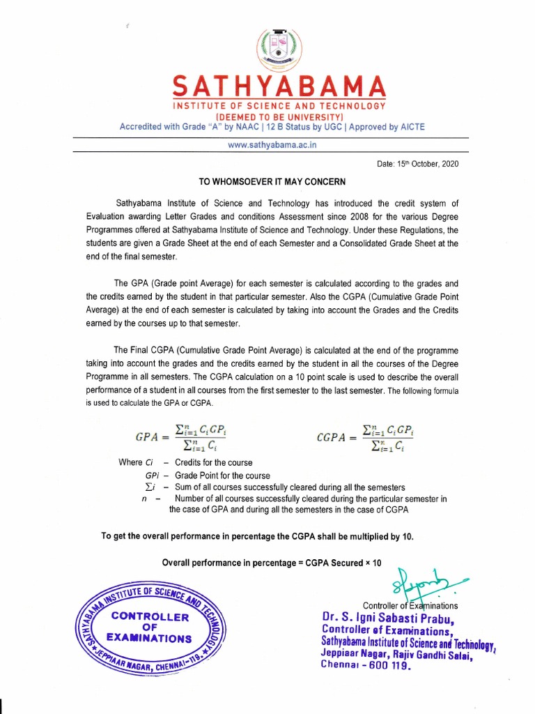 Cgpa Conversion Certificate | PDF