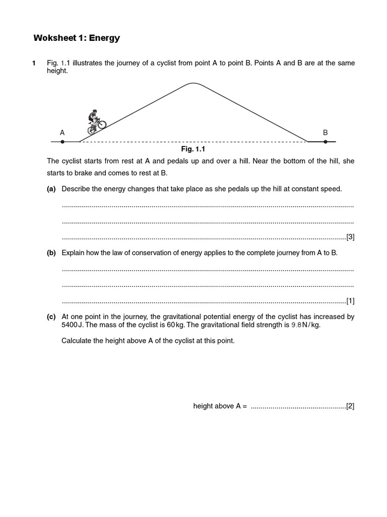Energy Worksheet 1-1 | PDF | Potential Energy | Mass