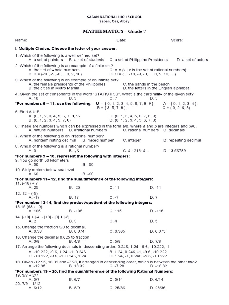 Math 7 Entrance Test For Grade 7 | PDF