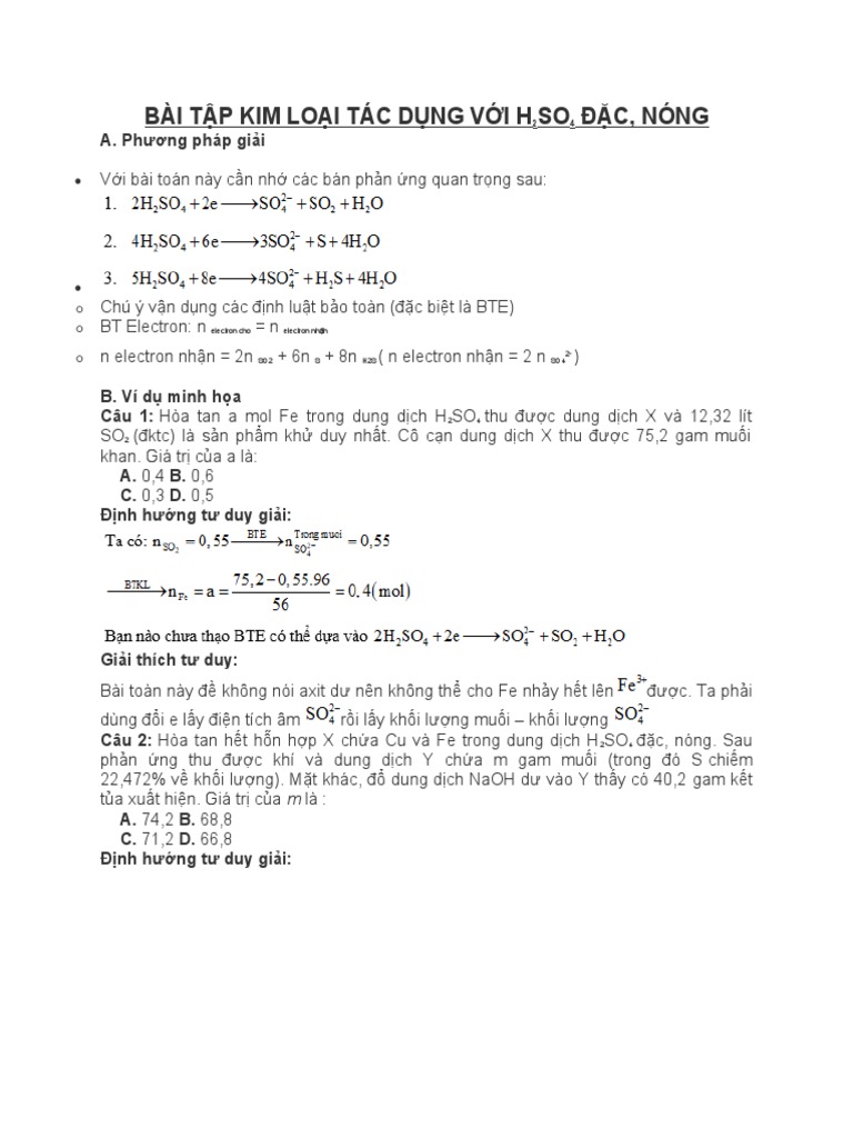 BÀI TẬP KIM LOẠI TÁC DỤNG VỚI H2SO4 ĐẶC, NÓNG | PDF