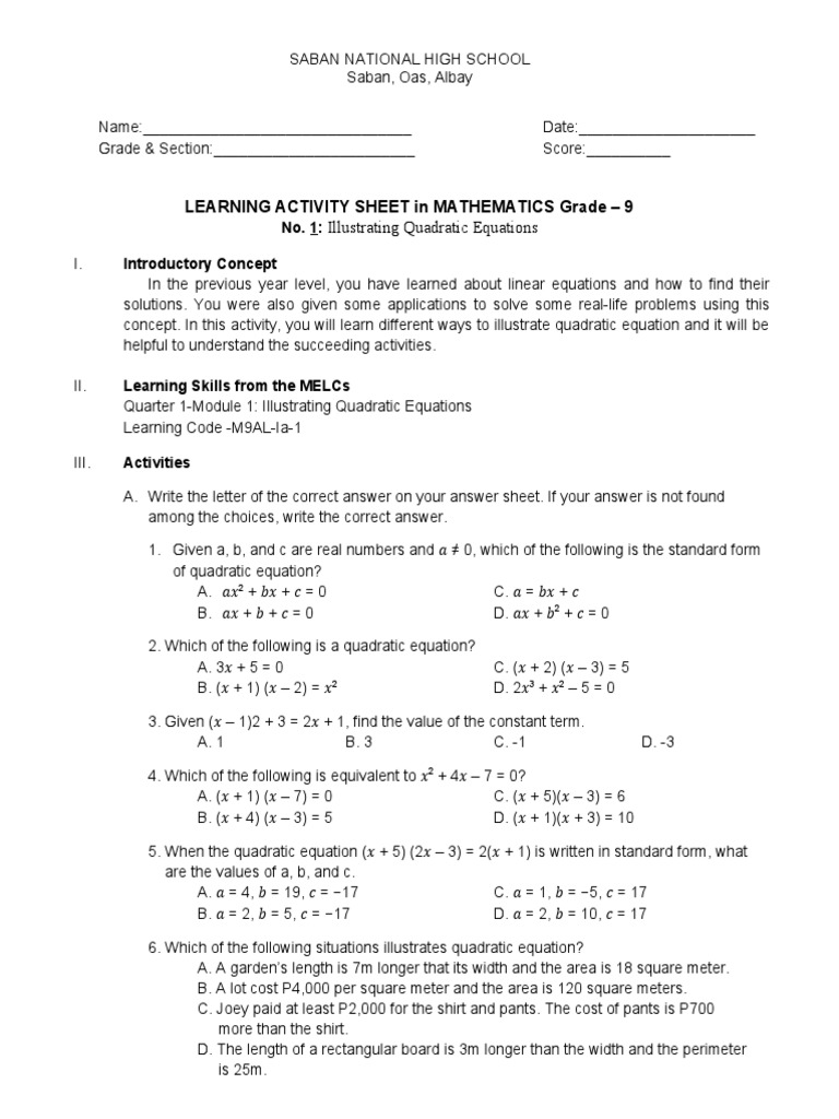 LAS in Math 9 Illustrating Quadratic Equations | PDF | Area | Equations