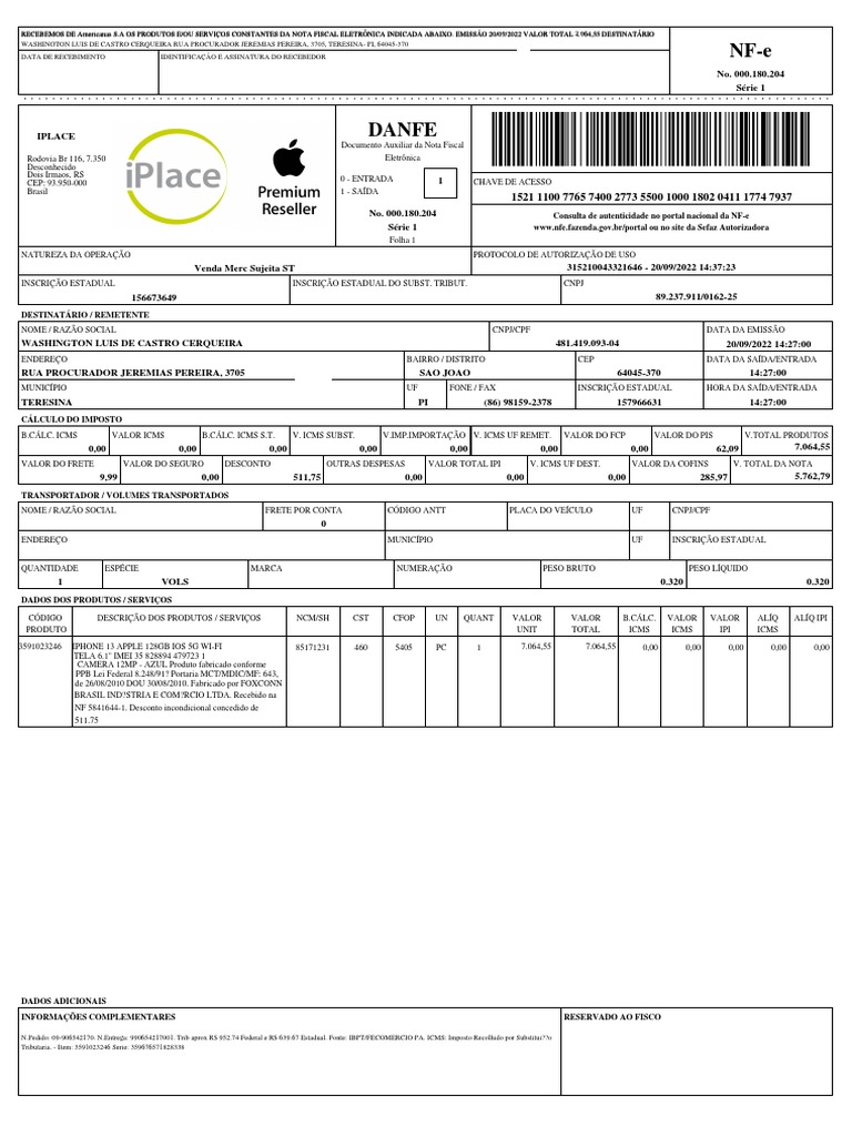 Nota Fiscal Iphone 13 | PDF